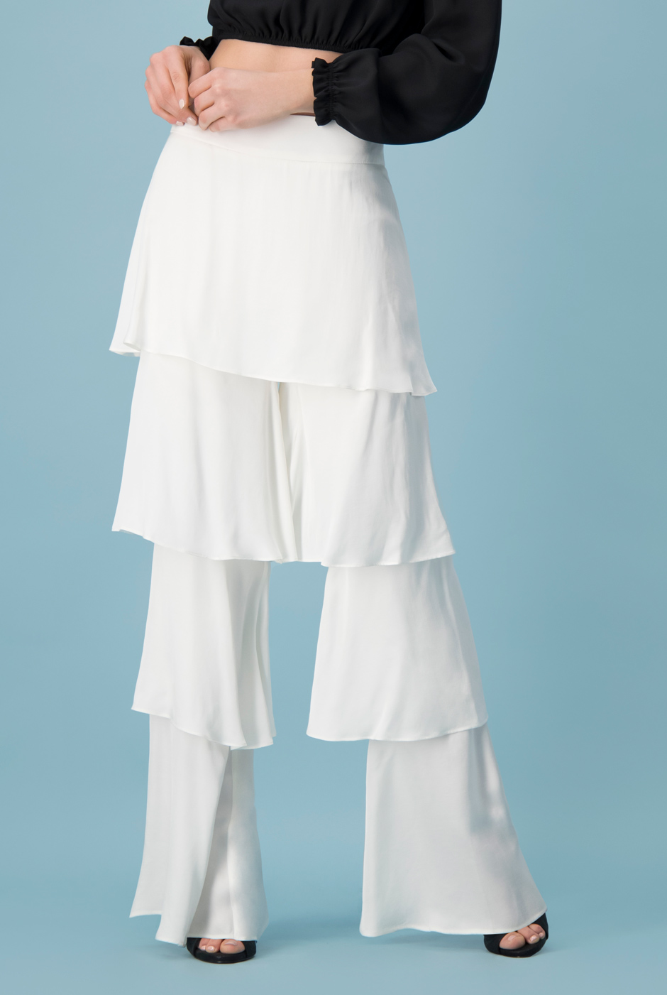 White Ruffle Tiered Trousers - Martha Debayle