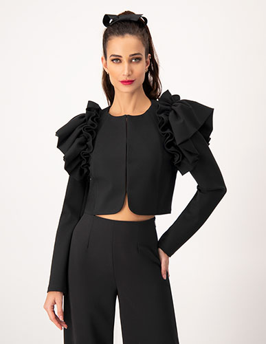 Puff Shoulder Cropped Jacket in Black - Martha Debayle