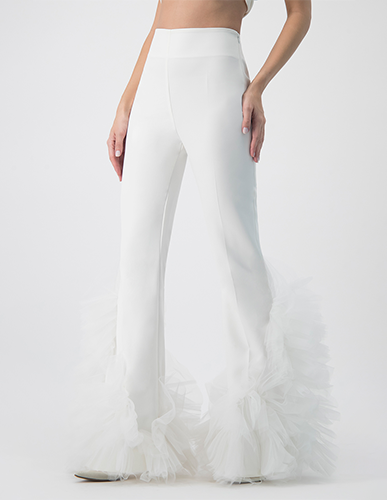 Tulle Ruffled Flared Trousers In White - Martha Debayle